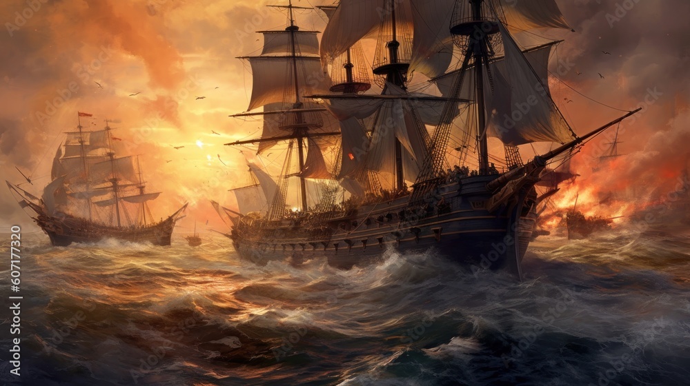 Intense naval battle scene between rival pirate ships, with cannons ...