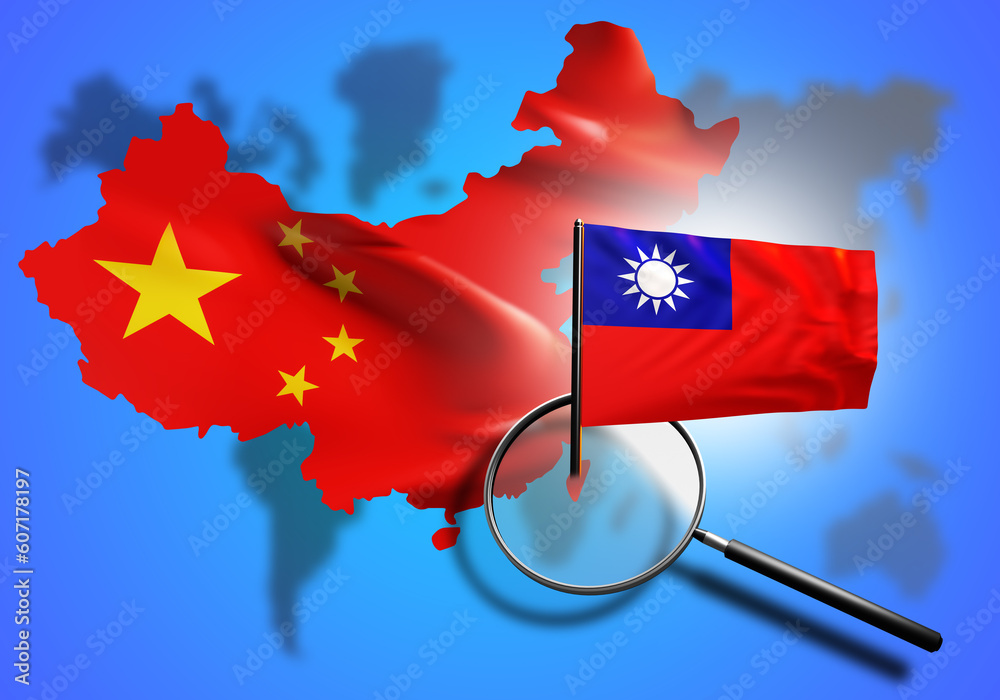 Flag of China. Symbol of Taiwan under magnifying glass. People's ...