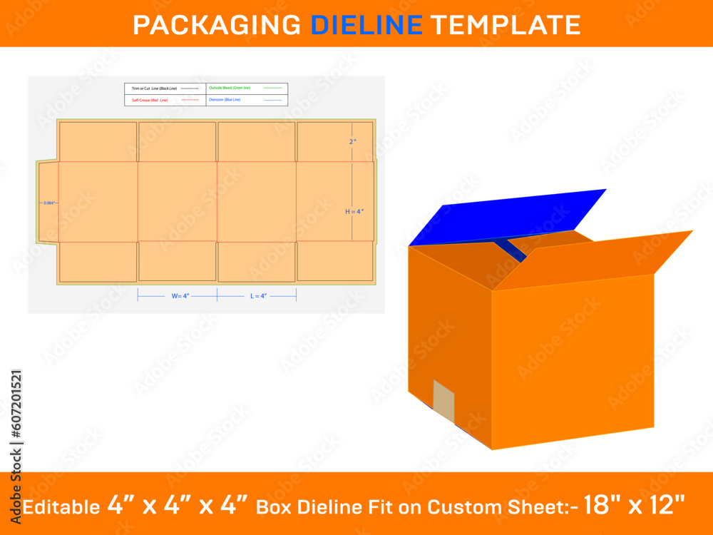 Cardboard RSC Box Die Cut 4x4x4 inch Template Stock Vector | Adobe Stock