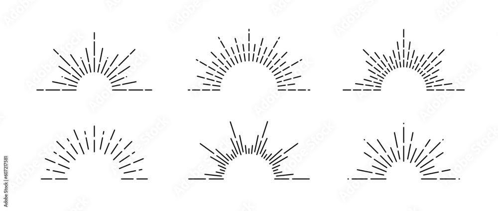 Half sunburst frame set. Linear sunrise and sunset symbols collection ...