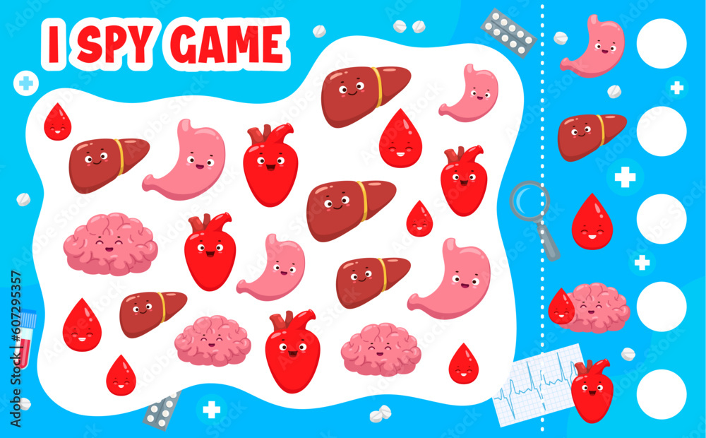 I spy game quiz worksheet. Cartoon human body organ characters. Object ...