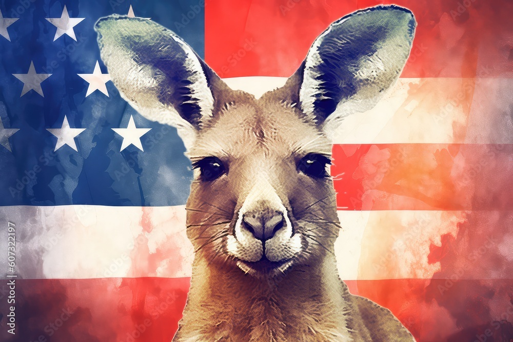 Watercolour of kangaroo head with forest and USA Flag Background, an ...