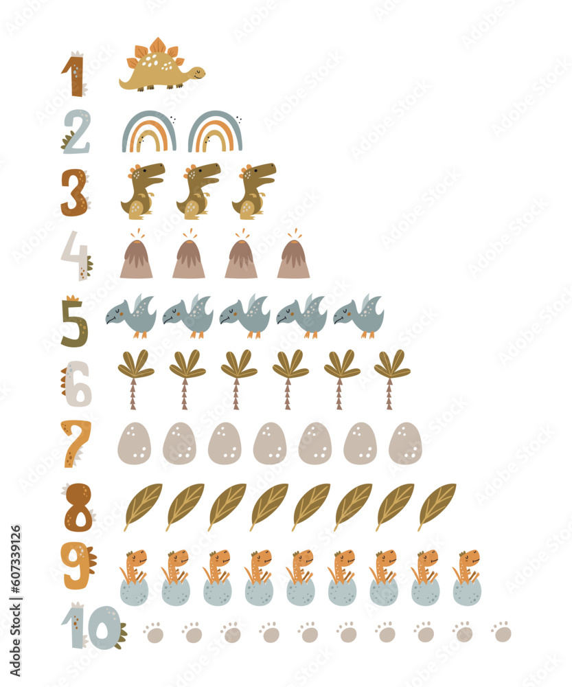 Number signs with dinosaurs, rainbows, leaves, volcanoes. Vector ...