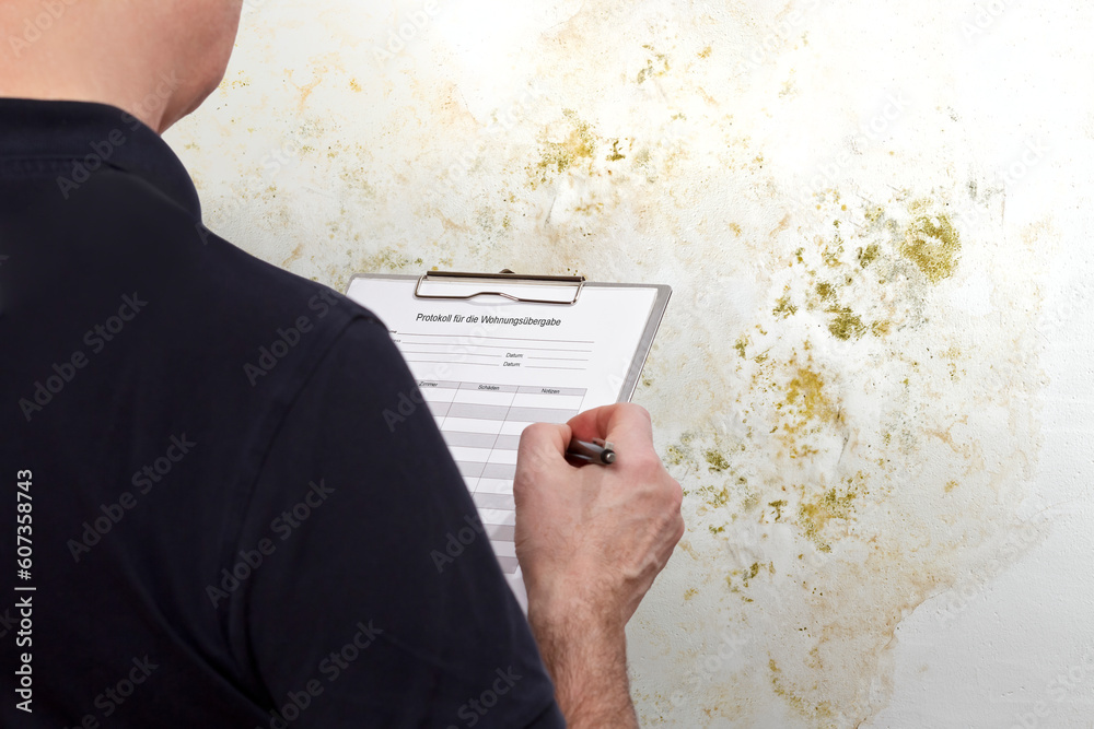 High humidity damage concept: man with a GERMAN inspection checklist in ...