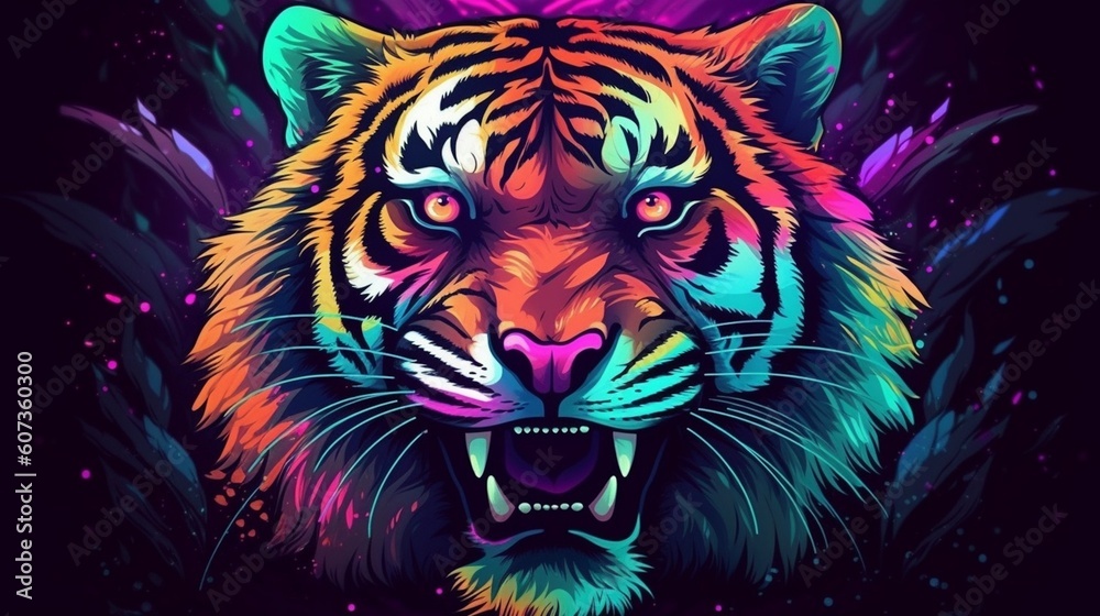 Psychedelic trippy tiger cartoon 70s, rave style, acid color. Retrowave ...
