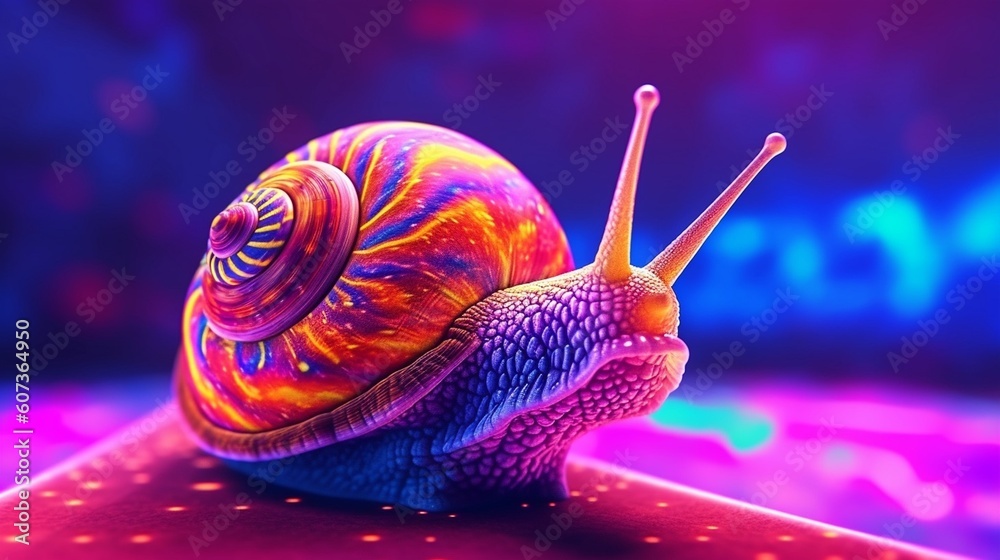 Psychedelic trippy snail cartoon 70s, rave style, acid color. Retrowave ...