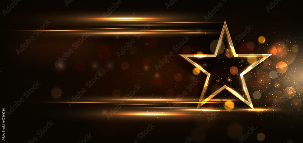 3D golden star with golden on black background with lighting effect and sparkle. Luxury template ...