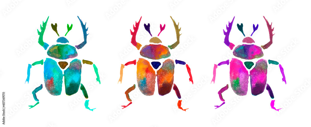Watercolor colorful beetles, animal bugs. Hand painted insect ...