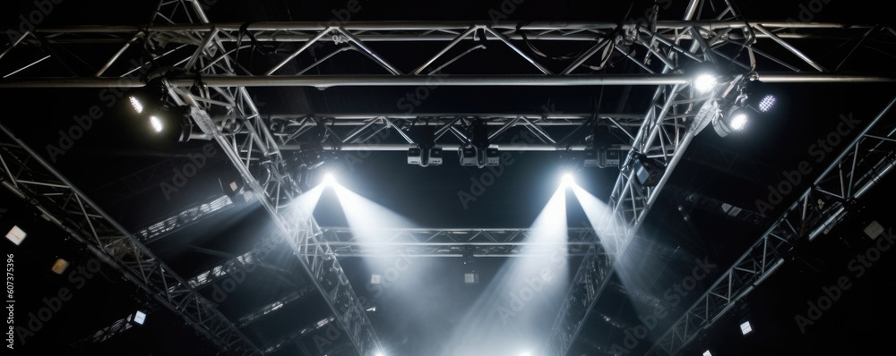 A Live stage production overhead trusses and lighting in a live venue ...