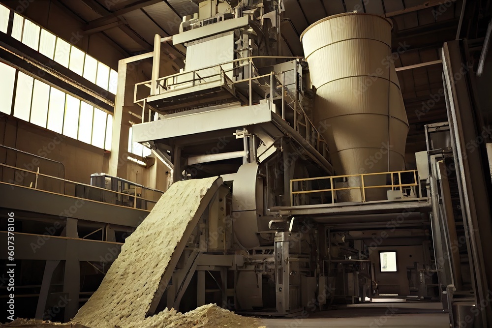 Ilustração pulp and paper plant, with conveyor belts moving raw ...