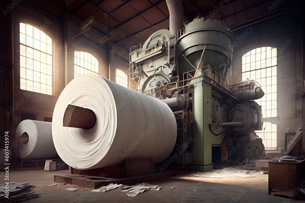 pulp and paper factory, with huge machines churning out rolls of paper ...