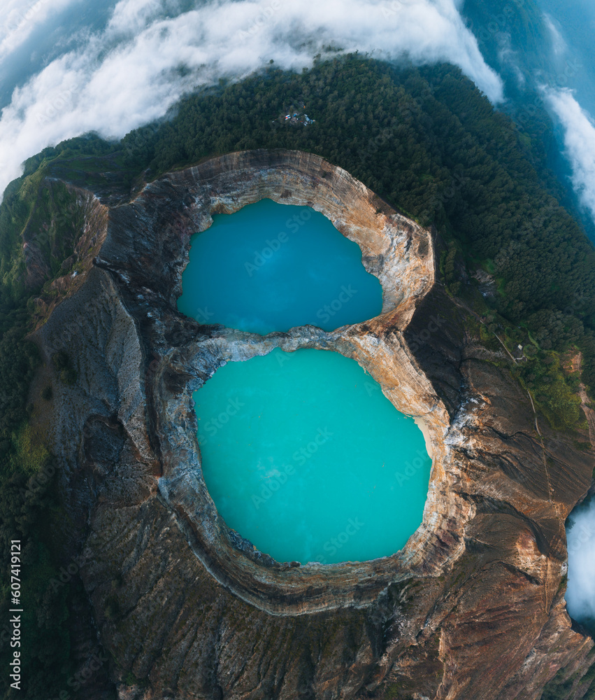 Aerial Drone view of Danau volcano Kelimutu in Ende, Flores island ...