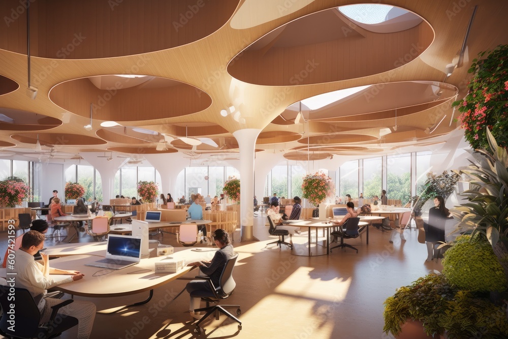 Collaborative business architecture building with flexible workspaces, open meeting areas, and ...