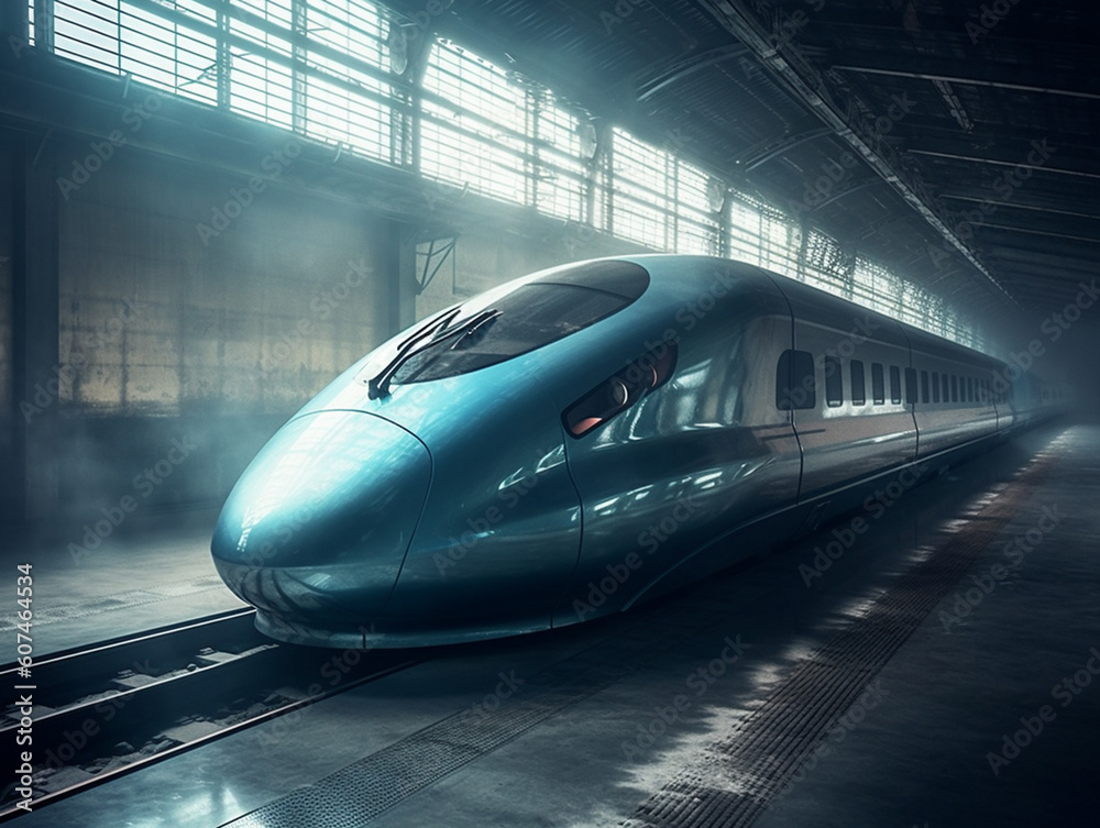 A silver futuristic bullet train is stopping at a train station. Has an ...