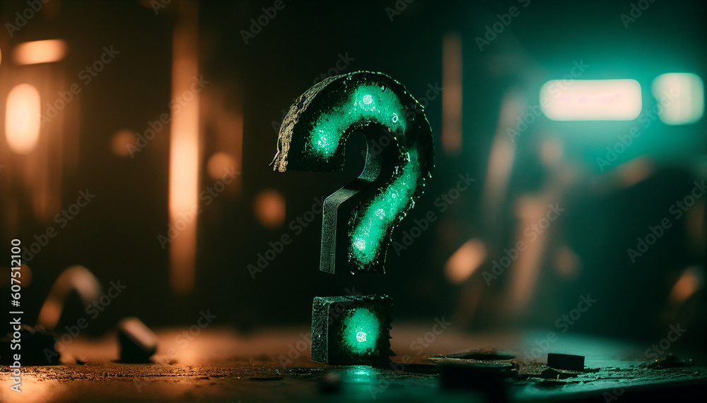 Shiny green question mark in a circle, beautiful blurry orange light ...