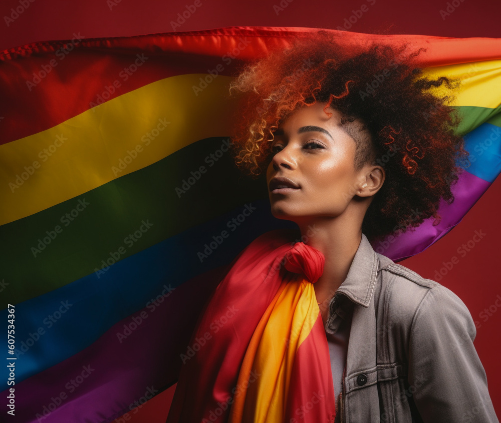 Expressive Generative AI pride photo of lesbian woman with rainbow flag ...