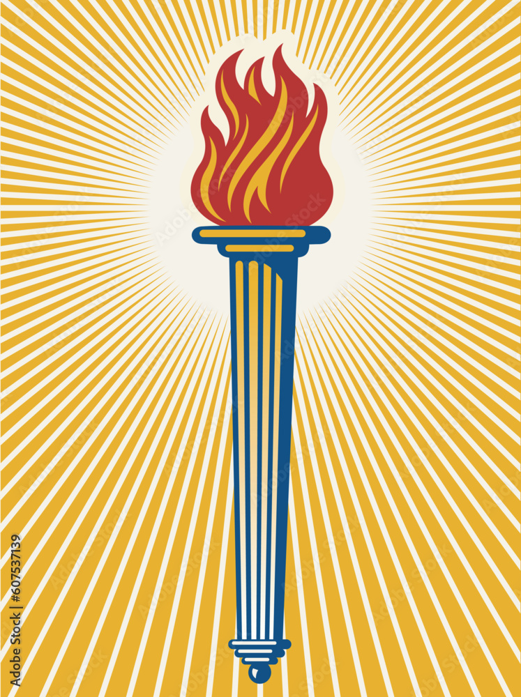 Vector illustration of a flaming torch with radiating light beams ...
