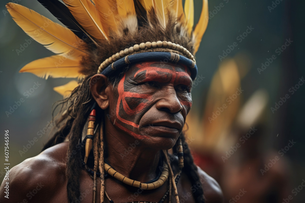 Portrait of indigenous tribe man. Traditional Indian with painted faces ...