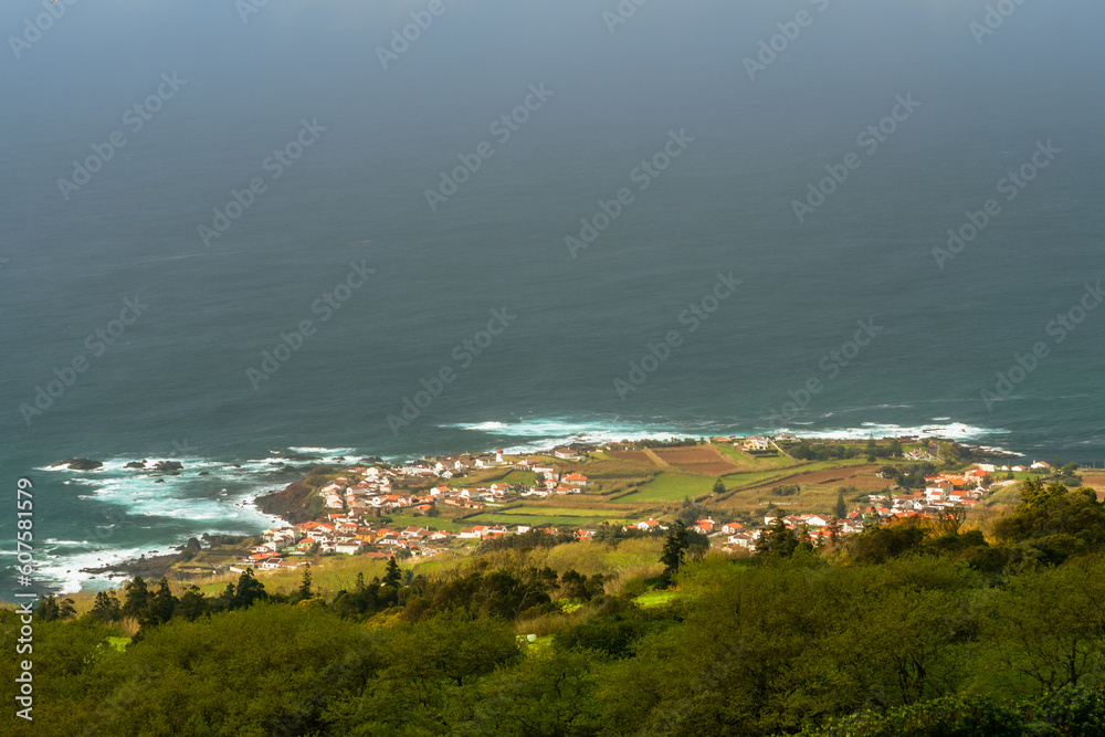 Village Mosteiros with rocky islands Ilhéus dos Mosteiros. View from ...