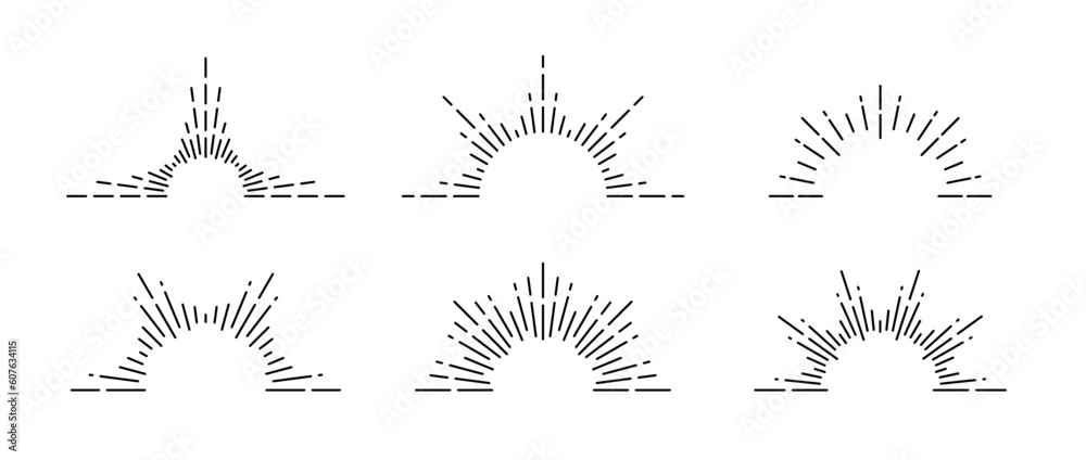Half sunburst frame set. Sunrise and sunset symbols collection. Radial ...