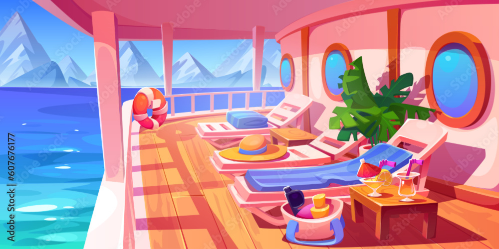 Cruise ship or yacht deck with railing, wooden floor, lounge chairs and ...