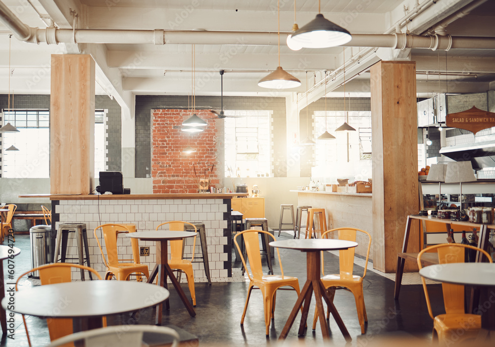 Empty, interior design of modern restaurant and open space with a lens ...