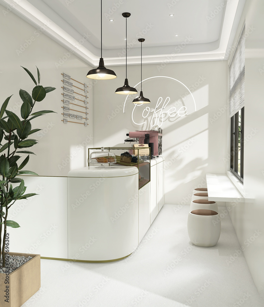 Small modern Korean style design cafe, glossy ivory white counter, cake ...