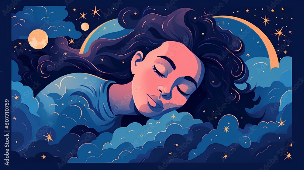 Artistic illustration portraying insomnia concept. A girl is depicted ...