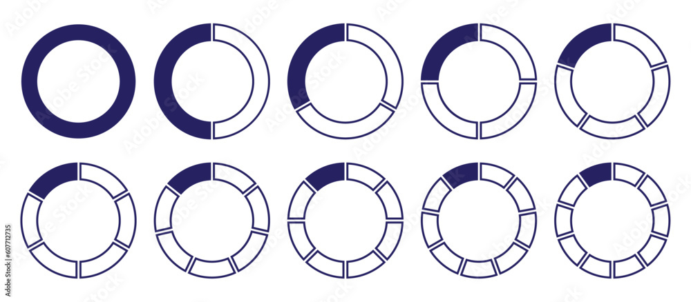 Circles divided diagram 1, 2, 3, 10, 7, 8, graph icon pie shape section ...