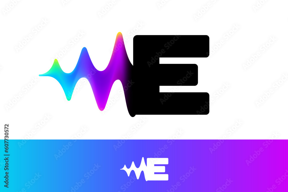Letter E logo with sound wave flow. Vibrant line glitch effect ...