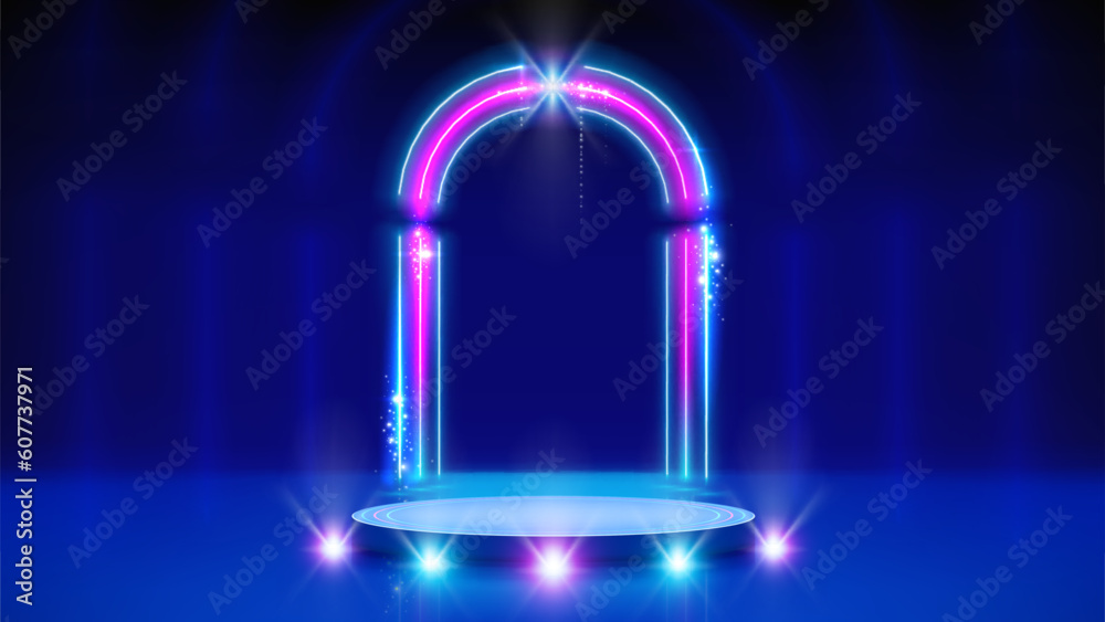 Vector de Stock Neon frame, led arch, podium, stage. Background ...