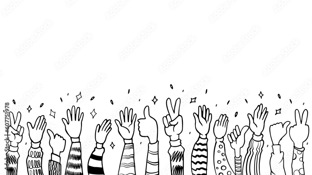 hand drawing of hands up, clapping ovation. applause, thumbs up and ...