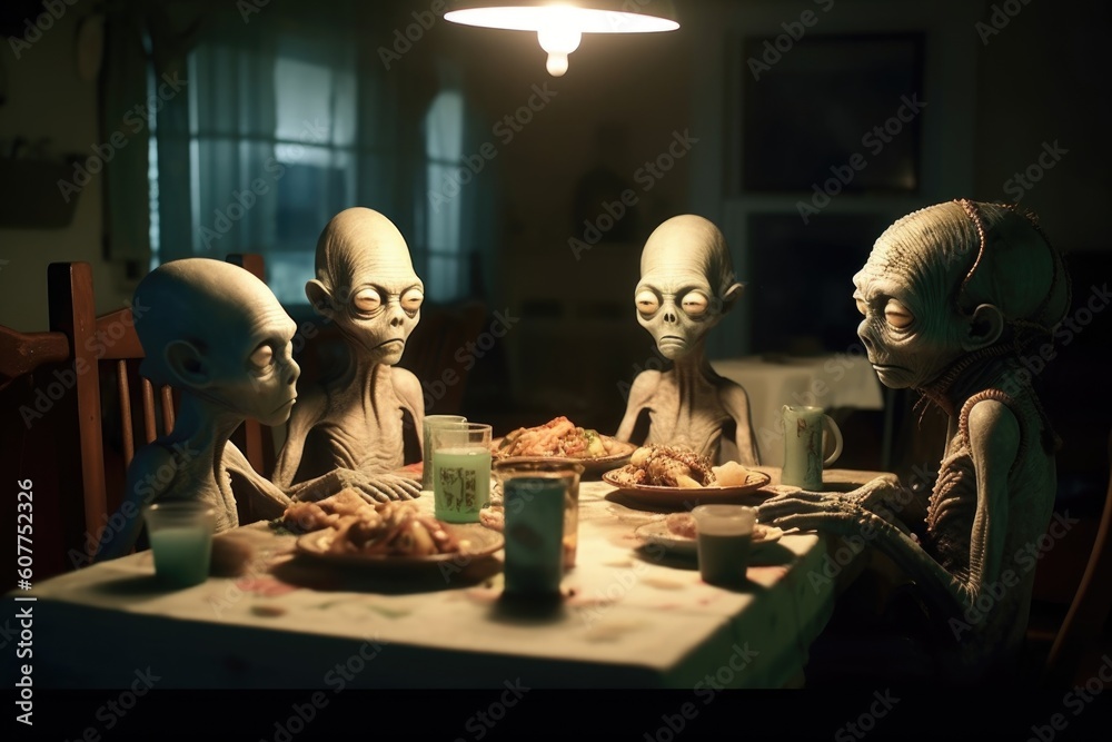 a scene of alien family members sitting around the dinner table ...