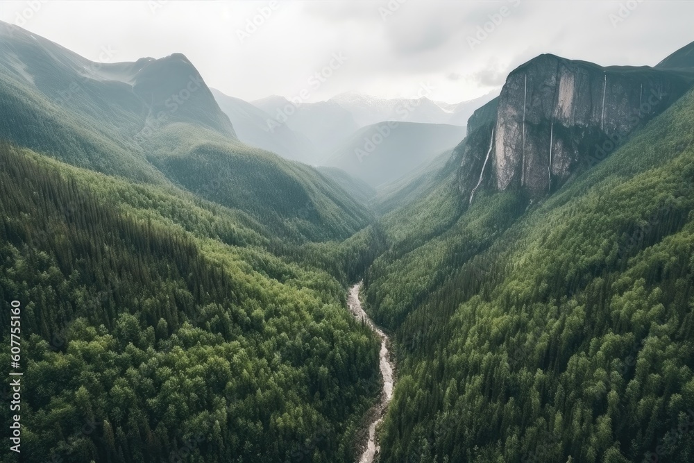 majestic mountain range with rivers and waterfalls, surrounded by ...