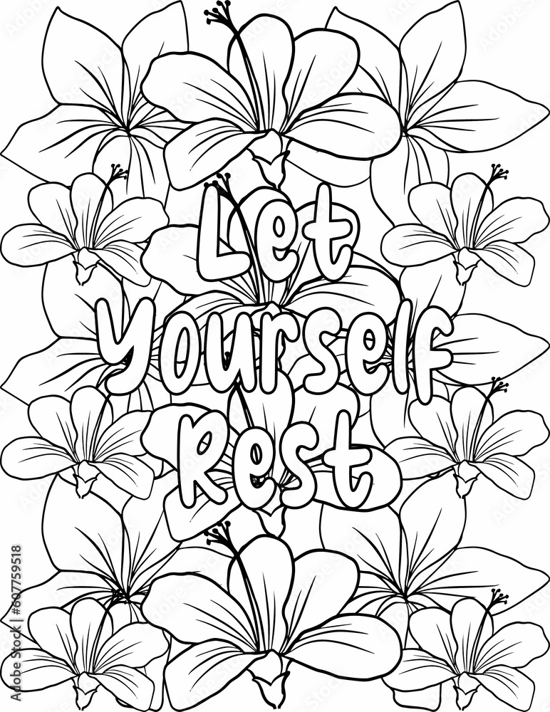 Printable positive affirmation coloring page with a set of flowers and ...