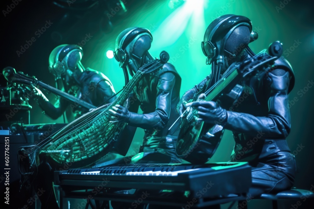 alien band playing futuristic instruments and using special effects ...