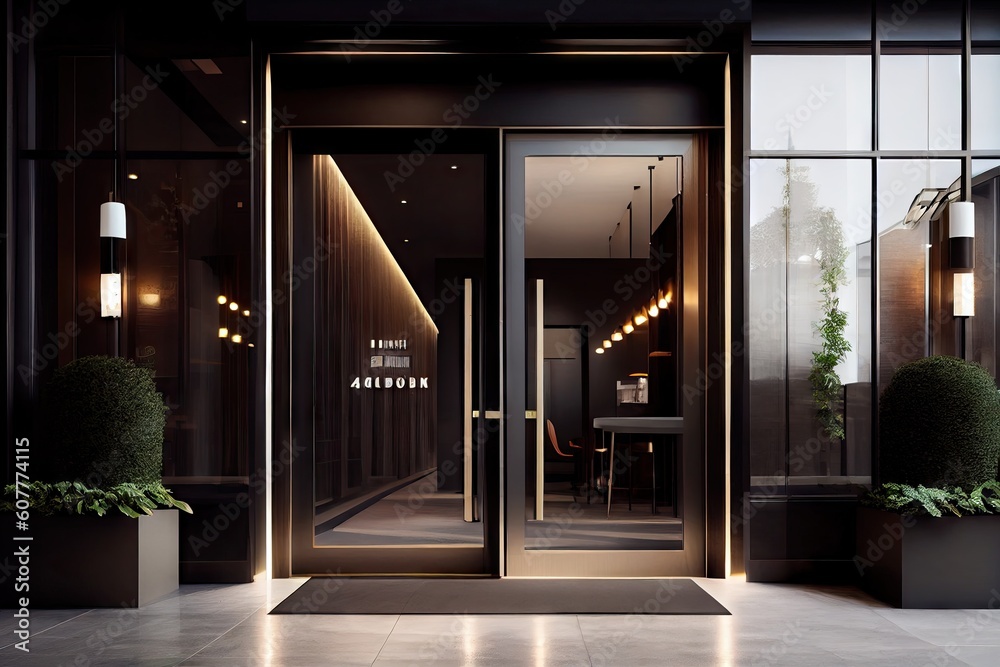 modern hotel entrance with sleek glass doors and contemporary signage ...