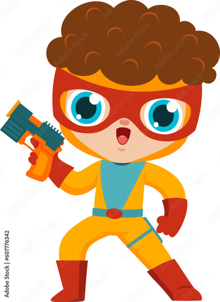 Cute Super Hero Kid Boy Cartoon Character With Gun. Vector Illustration ...