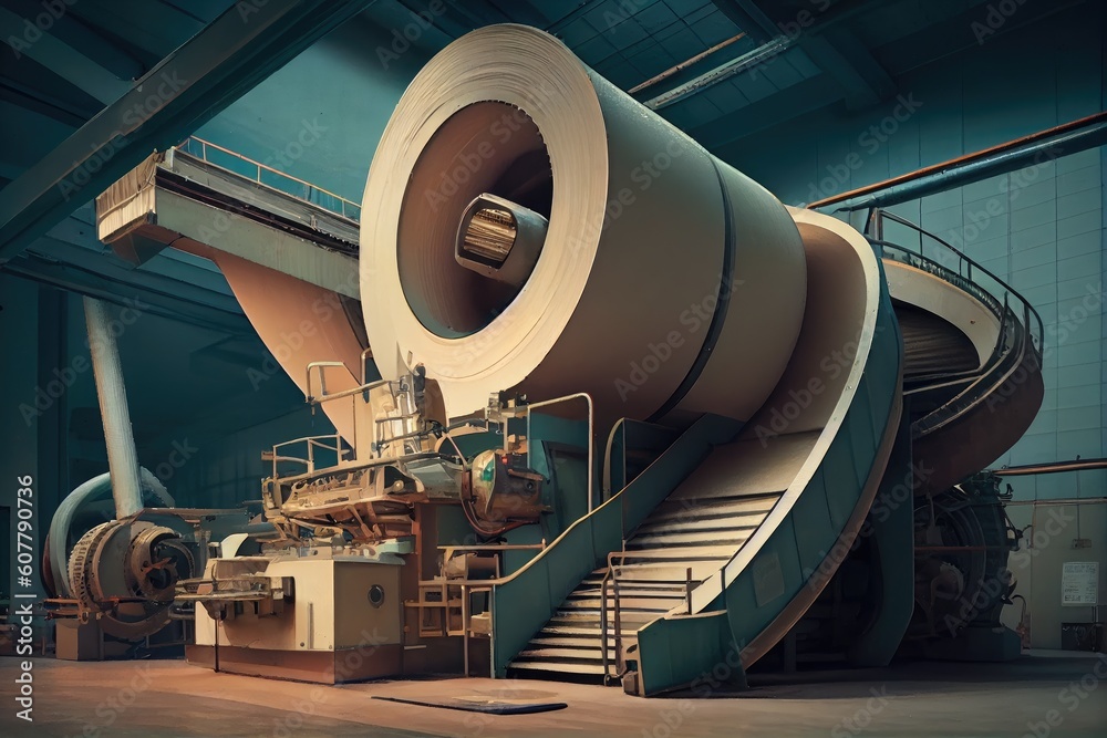 pulp and paper factory, with huge machines churning and rolling the ...