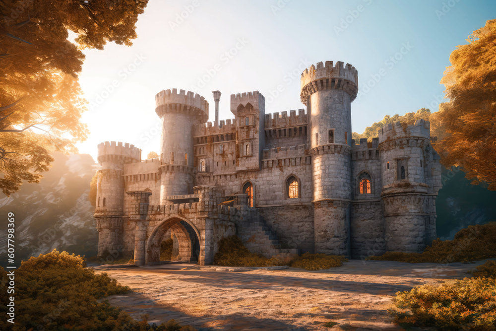 Paved courtyard of a medieval castle. Cinematic light, volumetric light ...