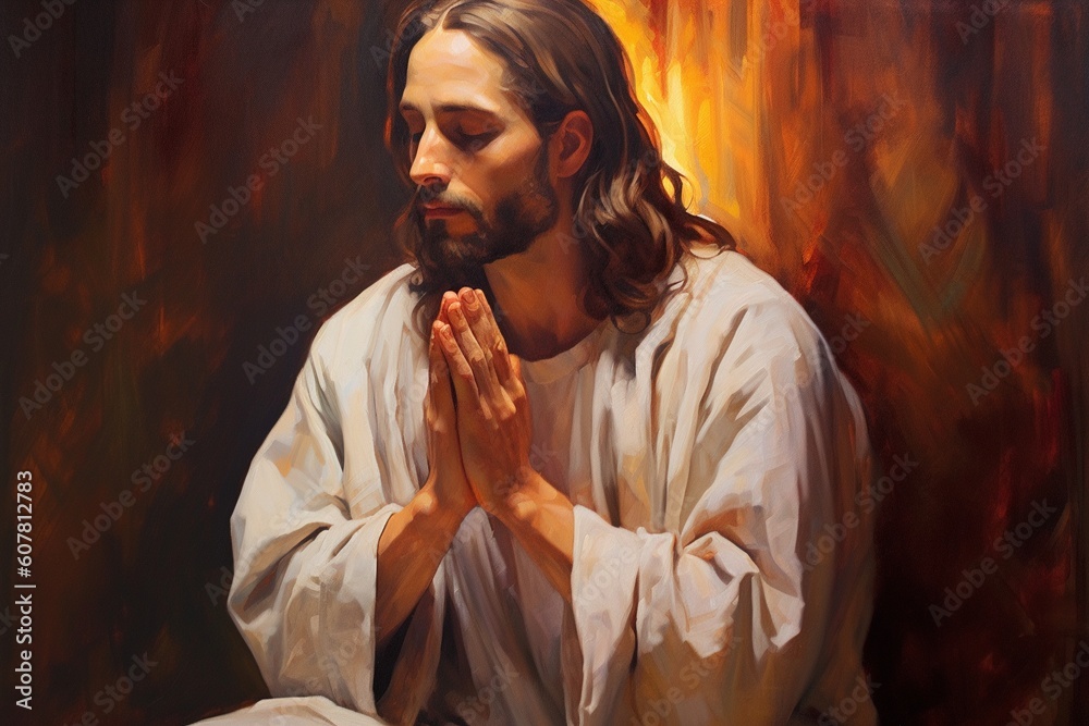 AI illustration. portrait religieux de Jésus en prière, aspect peinture ...