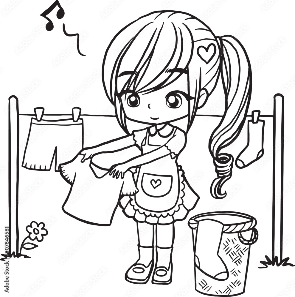 young girl drying clothes drawing cartoons doodle kawaii anime cute ...