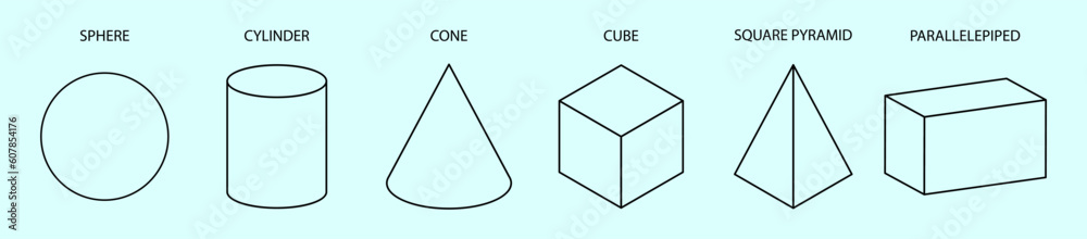 Set of linear geometric shapes. Spheres, cylinder, cone, cube, pyramid ...