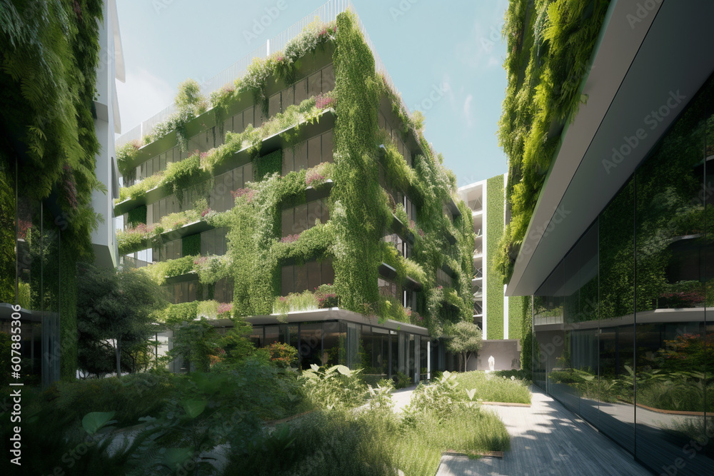 Ilustración de Stock Biophilic architecture design with lush vegetation and greenery. Building ...