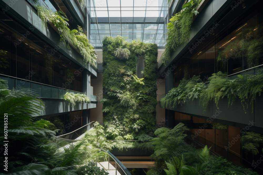 Biophilic architecture design with lush vegetation and greenery ...