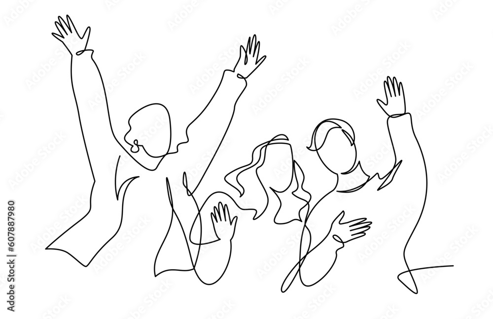 Cheerful crowd cheering illustration. Hands up. Group of three people ...
