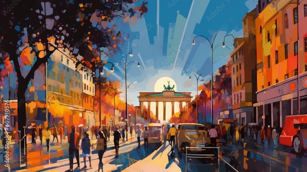 The sun illuminates Berlin's bustling streets, casting a warm glow on ...
