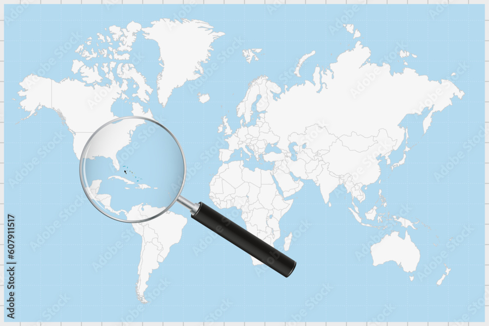 Vector de Stock Magnifying glass showing a map of The Bahamas on a world map. | Adobe Stock