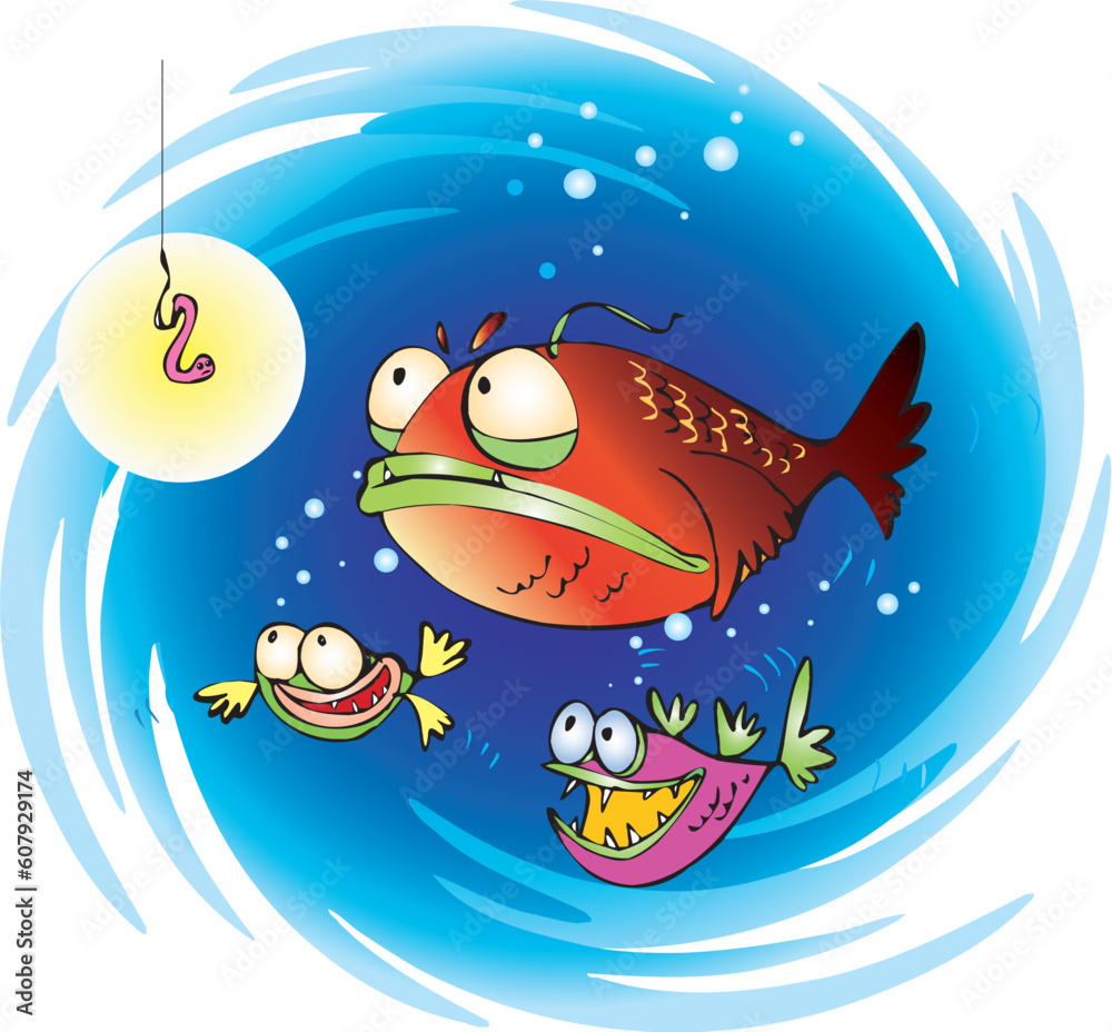 Cartoon of three fish looking at bait Stock Vector | Adobe Stock