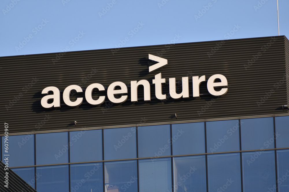 Accenture logo on the facade of multinational business management ...